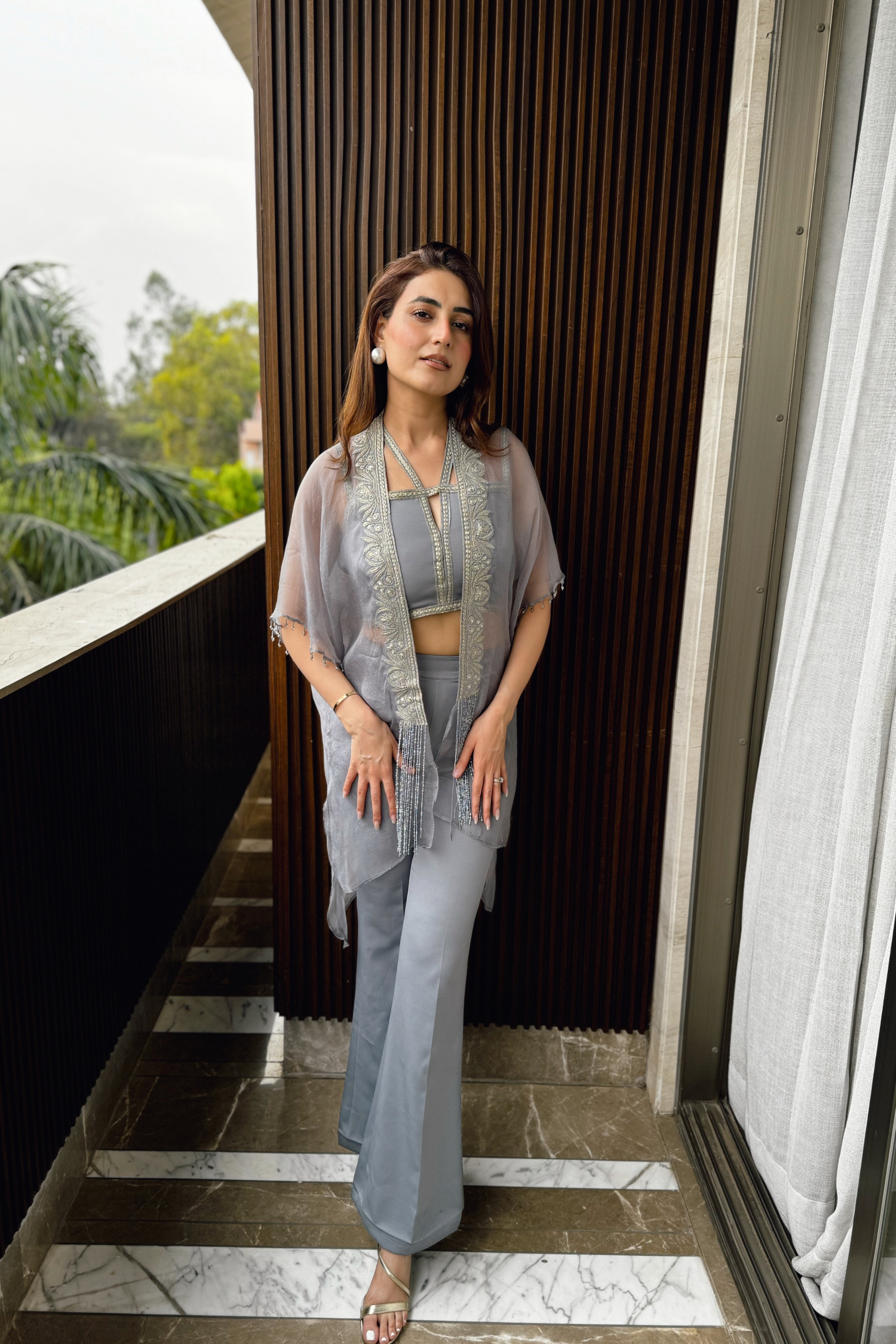Grey Embroidered Cape Co-Ord Set – Sila Atelier